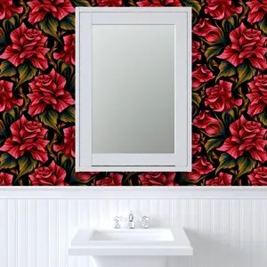 Spoonflower Victorian Roses Flower Green Leaves Bloom Red Custom Pre-pasted Wallpaper - Red,green
