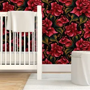 Spoonflower Victorian Roses Flower Green Leaves Bloom Red Custom Pre-pasted Wallpaper - Red,green