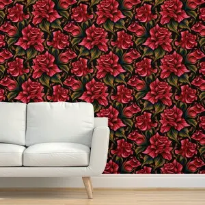 Spoonflower Victorian Roses Flower Green Leaves Bloom Red Custom Pre-pasted Wallpaper - Red,green