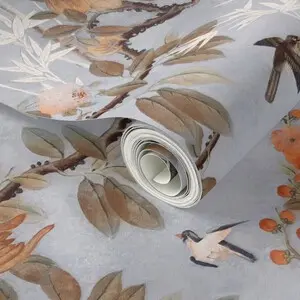 Spoonflower Chinoiserie Vintage Dusty Sky Floral Birds Custom Pre-pasted Wallpaper - Blue