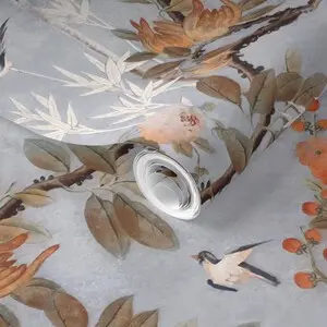 Spoonflower Chinoiserie Vintage Dusty Blue Sky Floral Birds Custom Pre-pasted Wallpaper Blue