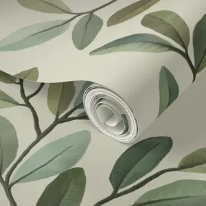 Spoonflower Olive Branches Leaves Sage Earth Tones Custom Pre-pasted Wallpaper - Green