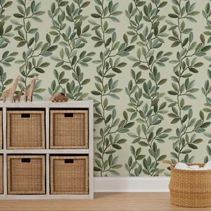Spoonflower Olive Branches Leaves Sage Earth Tones Custom Pre-pasted Wallpaper - Green
