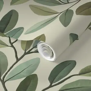 Spoonflower Olive Branches Leaves Sage Earth Tones Custom Pre-pasted Wallpaper - Green
