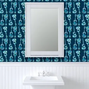 Spoonflower Ukulele Hawaiian Watercolor Music Island Custom Removable Wallpaper - Blue
