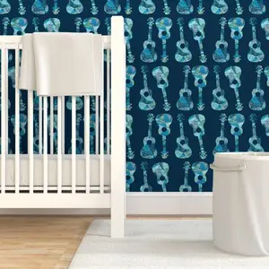 Spoonflower Ukulele Hawaiian Watercolor Music Island Custom Removable Wallpaper - Blue