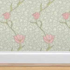 Spoonflower Garden Tulips Lt Palette 100% Natural Sisal Grasscloth Wallcovering - Pink,green