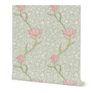 Spoonflower Garden Tulips Lt Palette 100% Natural Sisal Grasscloth Wallcovering - Pink,green