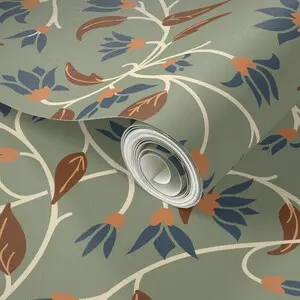 Spoonflower Australian Blue Bells Earth Tones Sage Custom Pre-pasted Wallpaper - Green