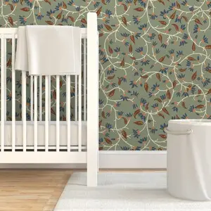 Spoonflower Australian Blue Bells Earth Tones Sage Custom Pre-pasted Wallpaper