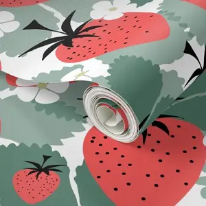 Spoonflower Strawberry Forever Leaves Food Strawberries Red Traditional Wallpaper - Red,green,gray