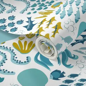 Spoonflower Turtles Nautilus Ocean Cuttlefish Octopus Custom Removable Wallpaper - Blue,gray
