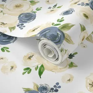 Spoonflower Vintage Cream Blue Flowers Floral Spring Farmhouse Custom Removable Wallpaper - Green,blue,gray