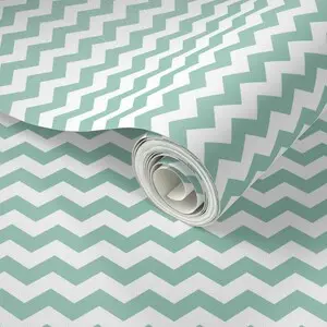 Spoonflower Chevron Teal Custom Pre-pasted Wallpaper - Mint,gray,green