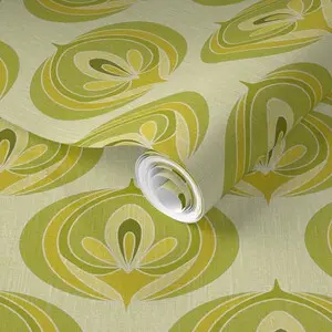 Spoonflower Magic 70s Style Cream Retro Mid Century Custom Pre-pasted Wallpaper - Green