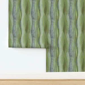 Spoonflower Sage Lime Olive Avocado Pistachio Wavy Flow Custom Pre-pasted Wallpaper