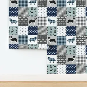 Spoonflower Dog Dogs Navy Cheater Collie Breed Custom Pre-pasted Wallpaper - Blue,gray