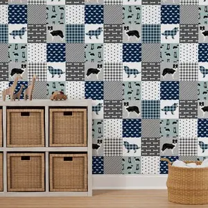 Spoonflower Dog Dogs Navy Cheater Collie Breed Custom Pre-pasted Wallpaper - Blue,gray