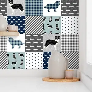 Spoonflower Dog Dogs Navy Cheater Collie Breed Custom Pre-pasted Wallpaper - Blue,gray