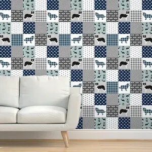 Spoonflower Dog Dogs Navy Cheater Collie Breed Custom Pre-pasted Wallpaper - Blue,gray
