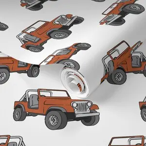 Spoonflower Orange Trendy Car Adventure Classic Jeep Rust Custom Pre-pasted Wallpaper - White,black,brown