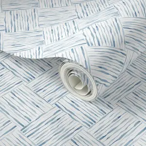 Spoonflower Stripes Woven Weave Watercolor Texture Checker Custom Pre-pasted Wallpaper - Blue
