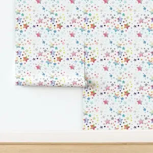 Spoonflower Stars Watercolor Space Astronomy Nursery Custom Removable Wallpaper - Rainbow