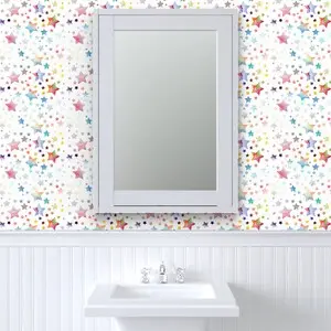 Spoonflower Stars Watercolor Space Astronomy Nursery Custom Removable Wallpaper - Rainbow
