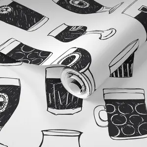 Spoonflower Black And White Kitchen Glasses Drink Drinks Traditional Wallpaper - Black,white,gray