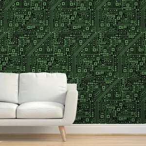 Spoonflower Evil Circuit Board Green Robot Nerd Geek Computer Custom Pre-pasted Wallpaper
