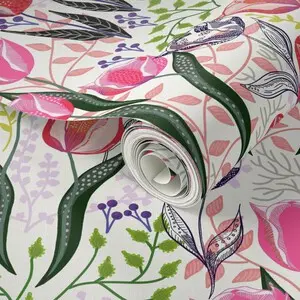 Spoonflower Tulips Flowers Greenery Leaves Plants Floral Custom Removable Wallpaper - Pink,green