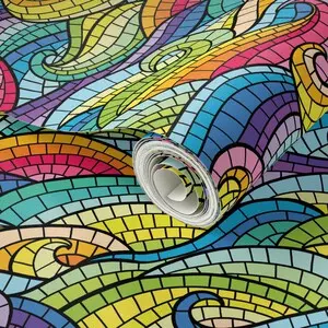 Spoonflower Wave Stained Glass Ocean Abstract Mermaid Custom Pre-pasted Wallpaper - Rainbow