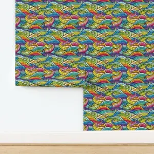 Spoonflower Wave Stained Glass Ocean Abstract Mermaid Custom Pre-pasted Wallpaper - Rainbow