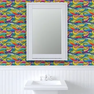 Spoonflower Wave Stained Glass Ocean Abstract Mermaid Custom Pre-pasted Wallpaper - Rainbow