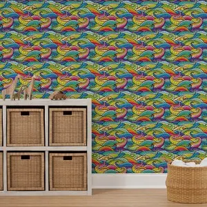 Spoonflower Wave Stained Glass Ocean Abstract Mermaid Custom Pre-pasted Wallpaper - Rainbow