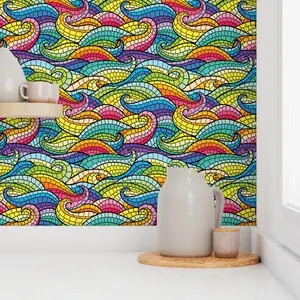 Spoonflower Wave Stained Glass Ocean Abstract Mermaid Custom Pre-pasted Wallpaper - Rainbow
