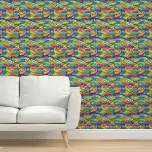 Spoonflower Wave Stained Glass Ocean Abstract Mermaid Custom Pre-pasted Wallpaper - Rainbow