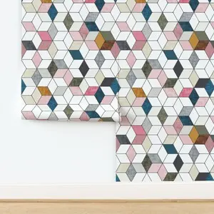Spoonflower Pink Geo Geometric Diamond Hexagon Boho Squares Custom Removable Wallpaper