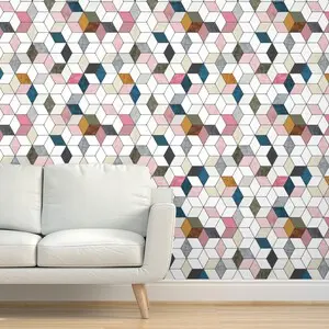 Spoonflower Pink Geo Geometric Diamond Hexagon Boho Squares Custom Removable Wallpaper