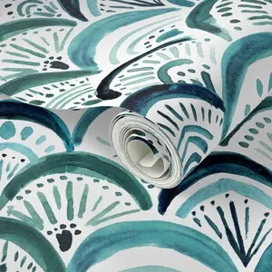 Spoonflower Mermaid Scallop Green Blue Boho Custom Removable Wallpaper - Blue,white,green