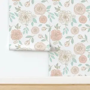 Spoonflower Princess Peonies Swim Bloom Custom Pre-pasted Wallpaper