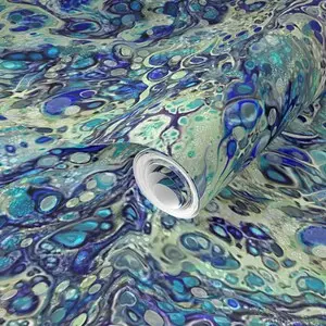 Spoonflower Marbling Papermaking Swirl Marbled Ink Paint Dirty Custom Pre-pasted Wallpaper - Blue,green