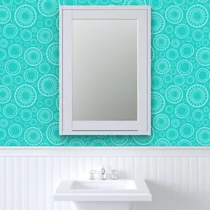 Spoonflower White Blue Teal Retro Circles Turquoise Geometric Custom Pre-pasted Wallpaper