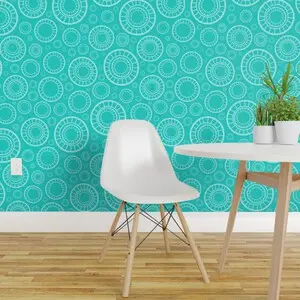 Spoonflower White Blue Teal Retro Circles Turquoise Geometric Custom Pre-pasted Wallpaper