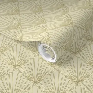 Spoonflower Gold Geometric Art Deco Fans Custom Pre-pasted Wallpaper - Beige,green