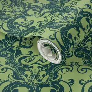 Spoonflower Cthulu Lovecraft Hidden Tentacle Skull Custom Removable Wallpaper - Green