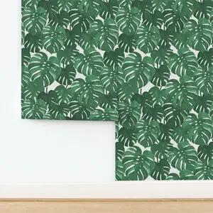 Spoonflower Monstera Cheese Plant Tropical Palms Custom Removable Wallpaper - Green