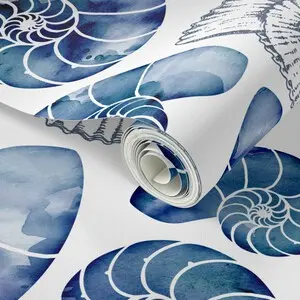 Spoonflower Nautilus Watercolor Shells Fossils Ammonite Custom Pre-pasted Wallpaper - Blue