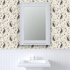 Spoonflower Woodland Bunnies White Floral Forest Bunny Spring Custom Pre-pasted Wallpaper - Gray,brown