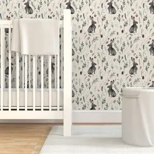 Spoonflower Woodland Bunnies White Floral Forest Bunny Spring Custom Pre-pasted Wallpaper - Gray,brown